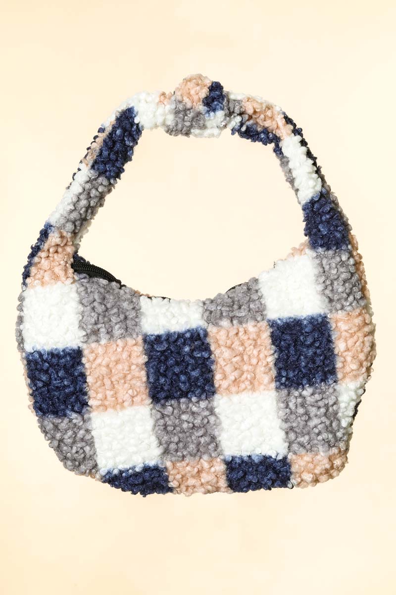 PIN Checkered Faux Teddy Fur Handbag - Bags