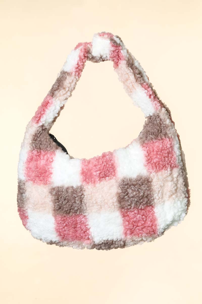 PIN Checkered Faux Teddy Fur Handbag - Bags
