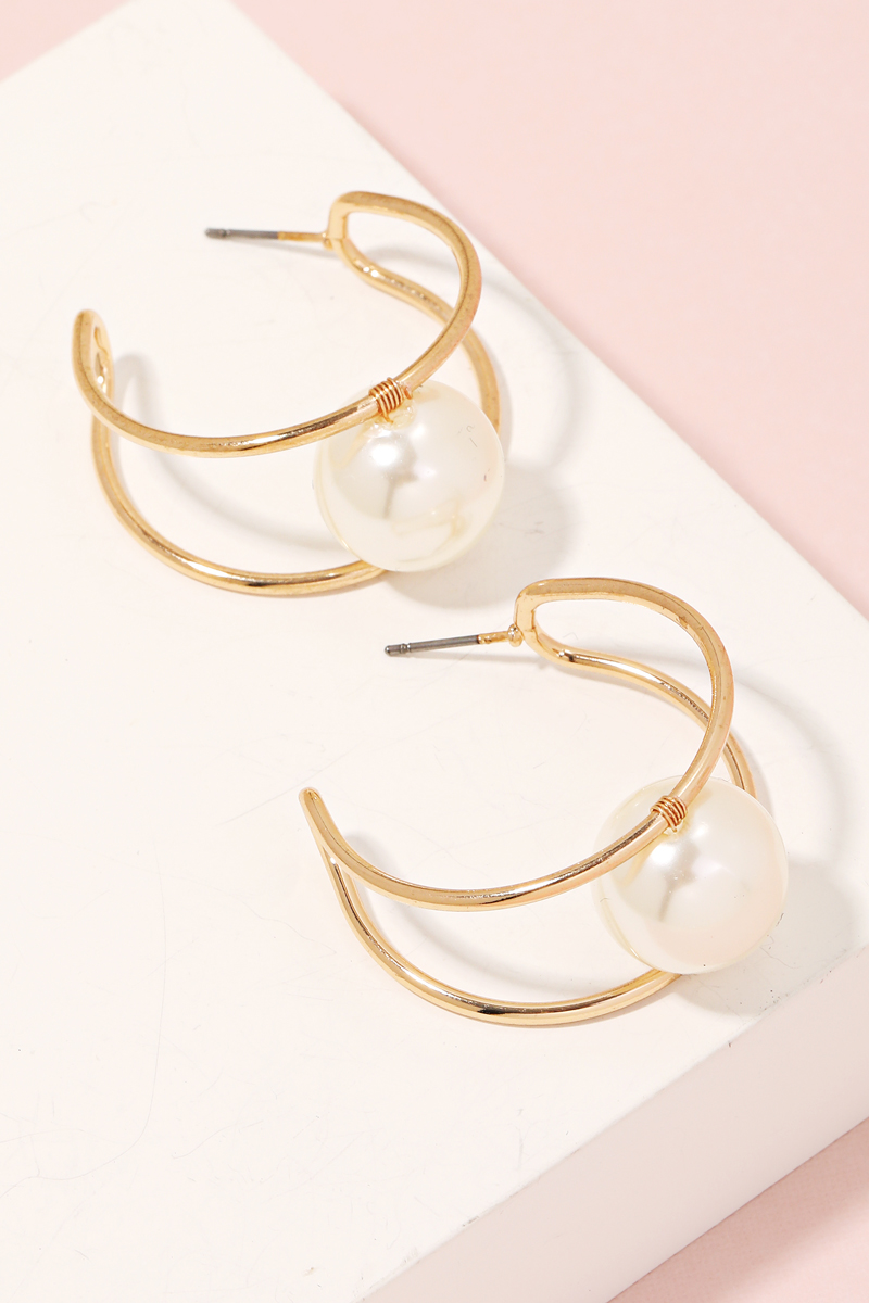 G Pearly Stud Metallic Wire Hoop Earrings