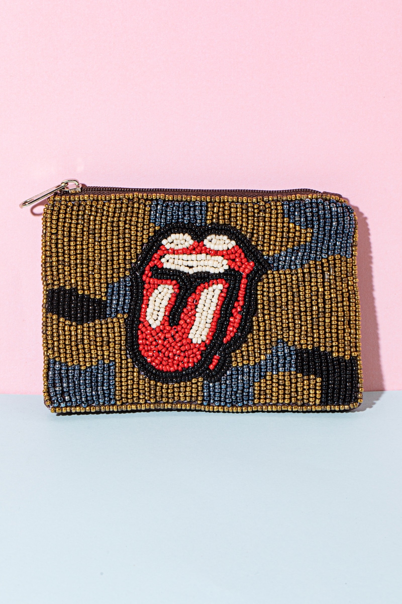 MULTI Gold Tongue Out Lips Beaded Coin Purse - Beaded Collection