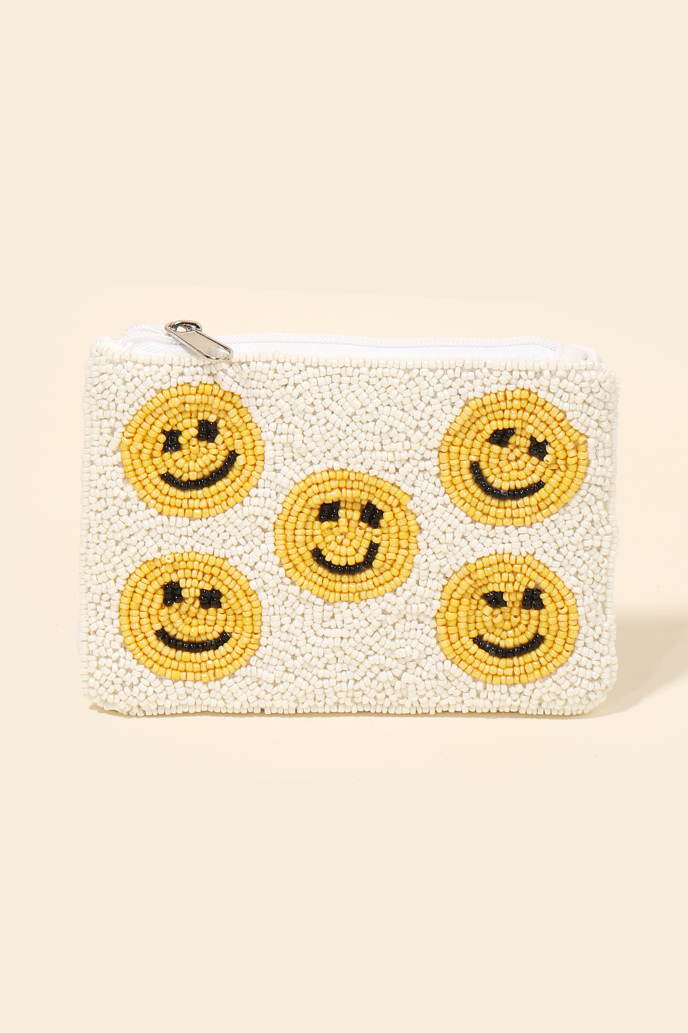 WHITE Beaded Happy Face Print Coin Purse - Bags