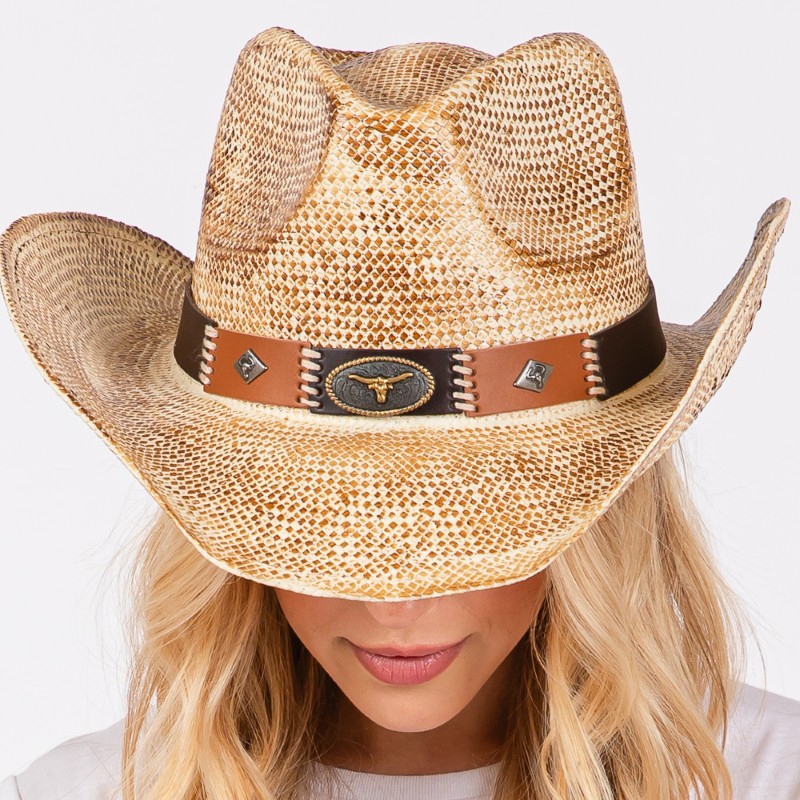 MULTI Vintage Western Bull Disc Belt Strap Cowboy Hat - Hats