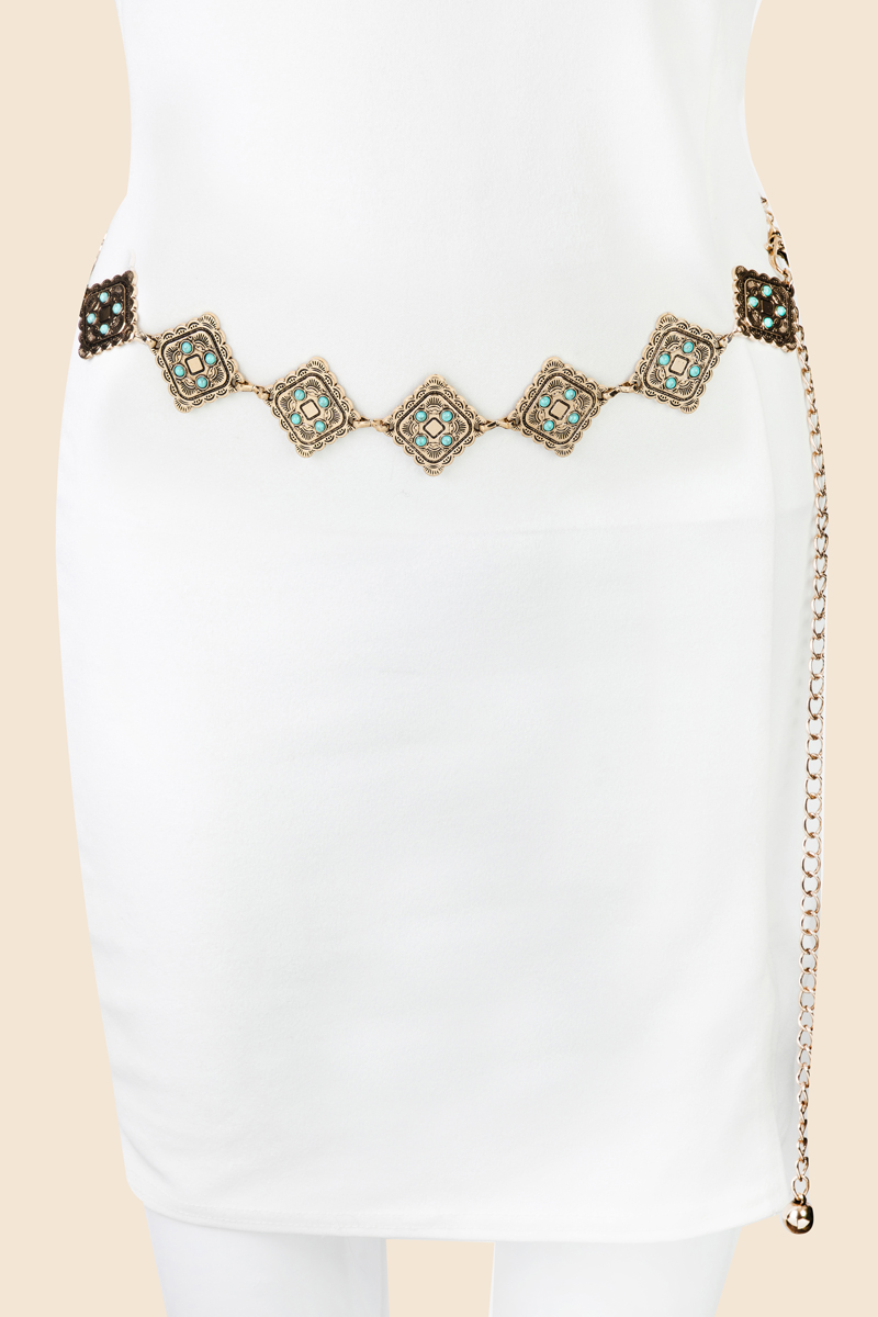GOLD Floral Square Disc Western Chain Belt