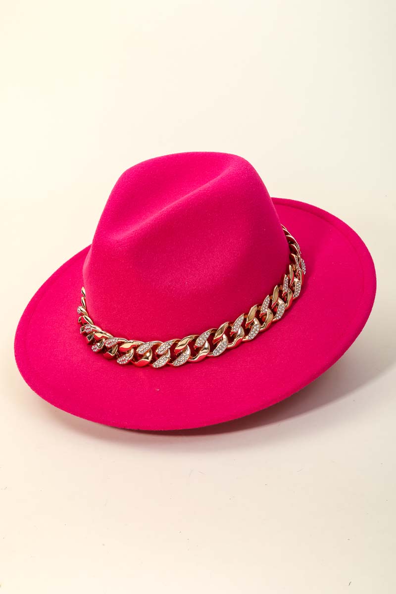 FU Rhinestone Curb Chain Link Fedora Hat - Hats