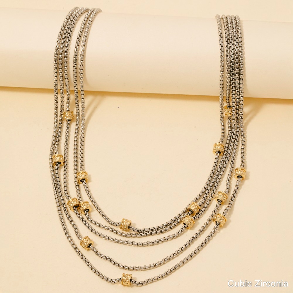 T Two Tone Bead Station Layered Chain Necklace - Necklaces
