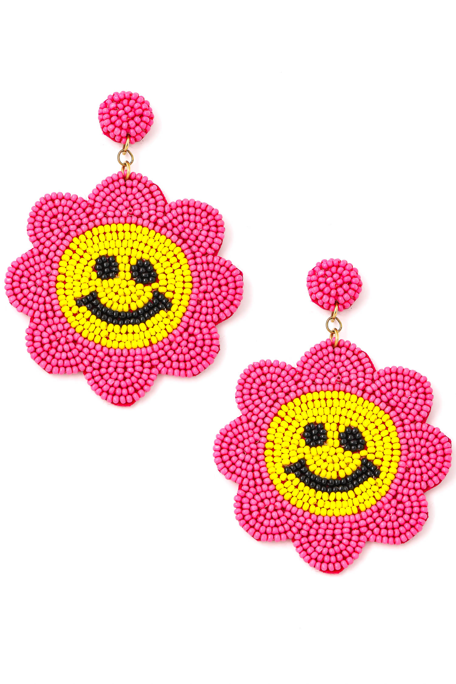 FUCHSIA Beaded Flower Smiley Face Earrings
